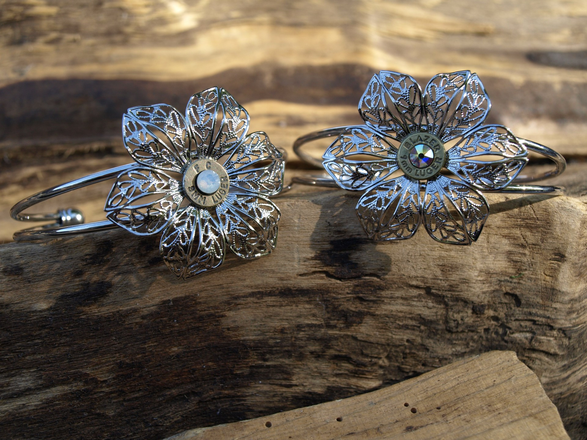 B-431 Silver Flower Open Cuff Bullet Bracelet with 9 mm bullet casing ...