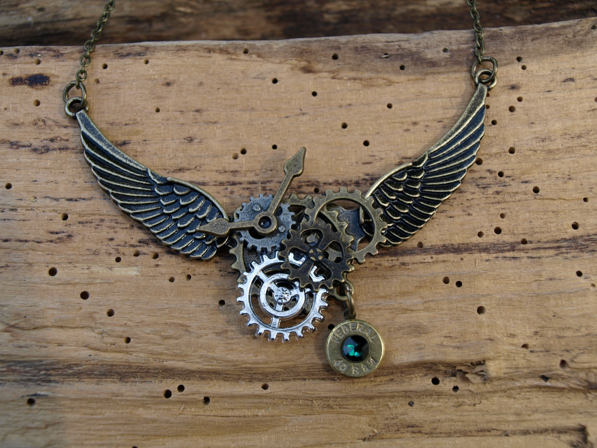 N-3041 Steampunk Full Wing Bullet Necklace. Antique Gold with Gears and ...