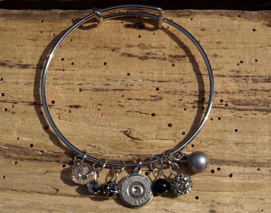 B-425 Stainless Steel Bangle Bullet Bracelet with Gray and Black Bead ...